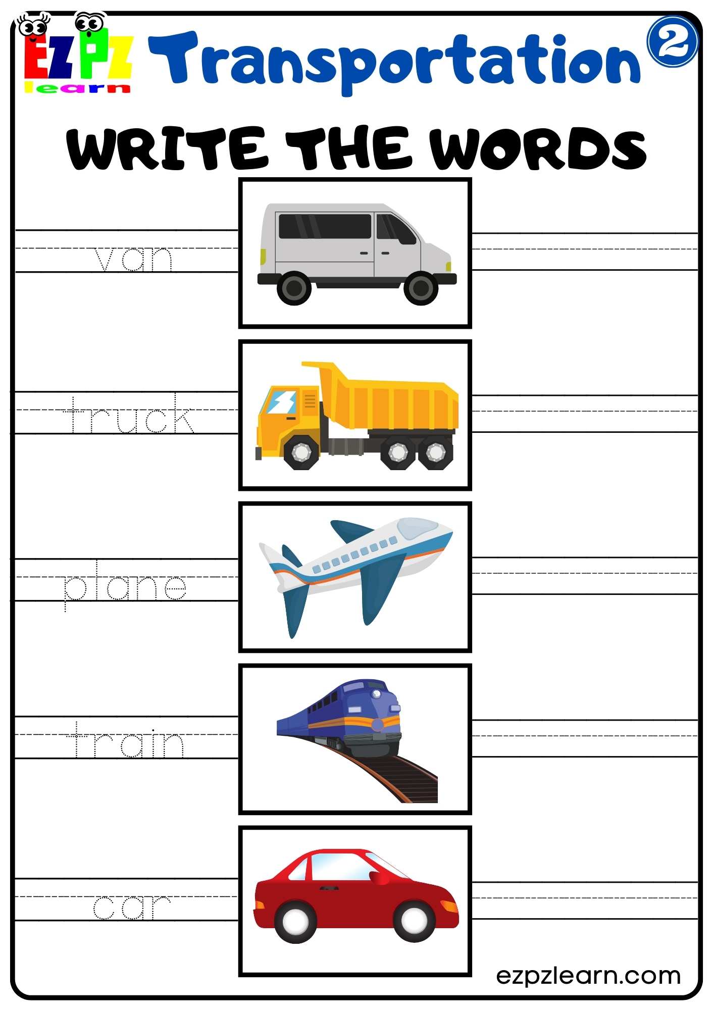 Transportation Vocabulary Write the Words Easy Worksheet for Children and ESL Students PDF Group ...